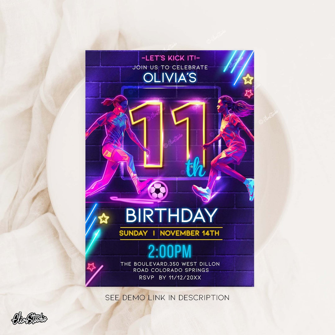 11th Birthday Neon Soccer Invitation, Birthday Girl Soccer Invite ...