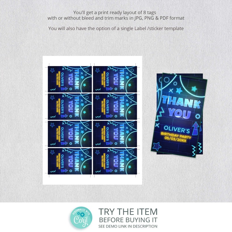 Neon Birthday Thank You Tag Template, Let's Glow Crazy Neon Birthday ...