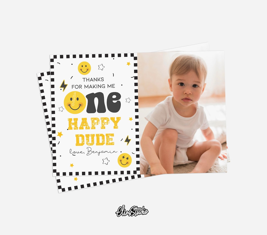 One Happy Dude Birthday Thank You Cards With Photo (digital Template ...