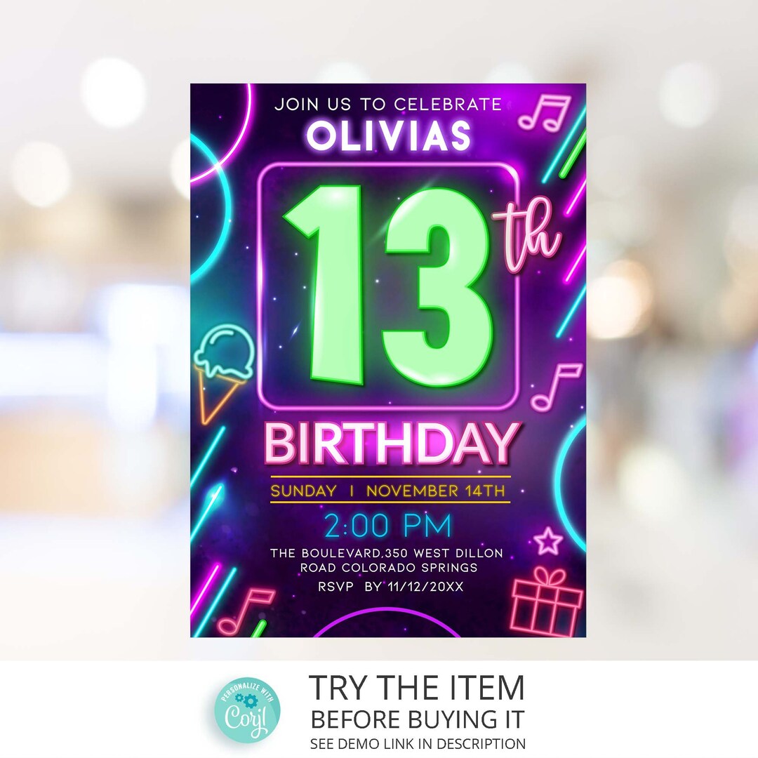 Glow Party Invitation Neon Birthday Invitation Template Party Girls ...