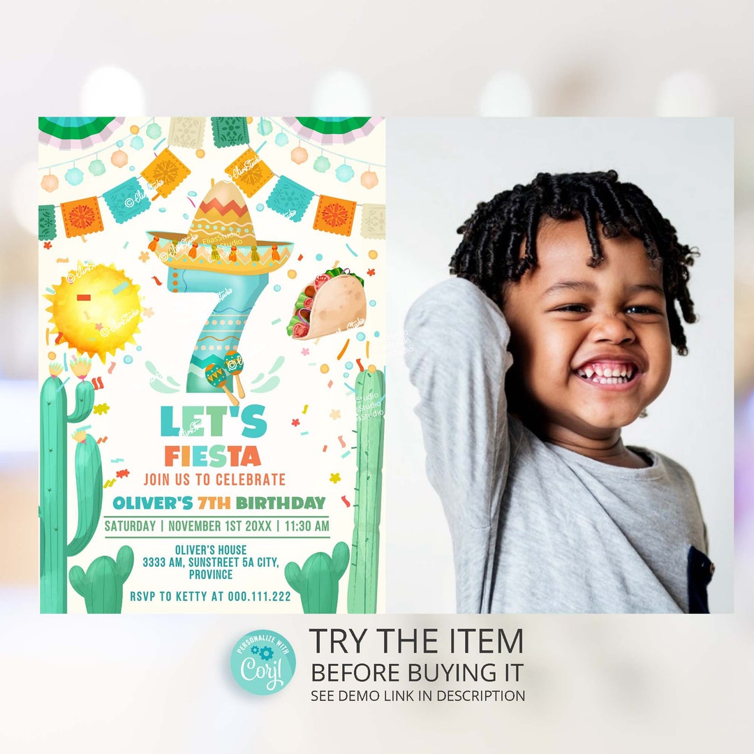 Editable Fiesta Birthday Invitation Template With Photo | Taco 7th ...