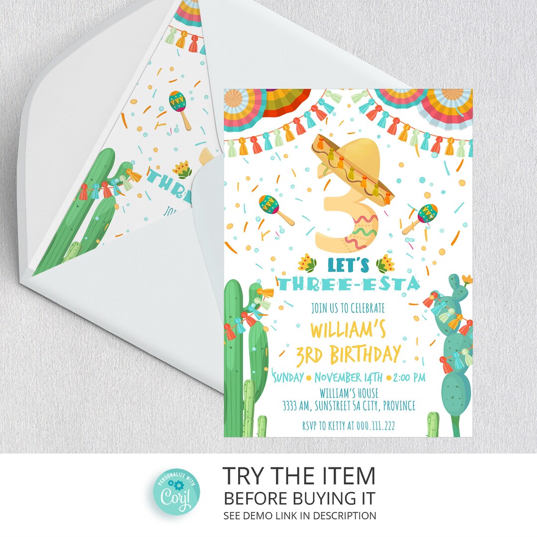 Editable Fiesta Birthday Invitation Template | 3rd Birthday Fiesta Boy ...