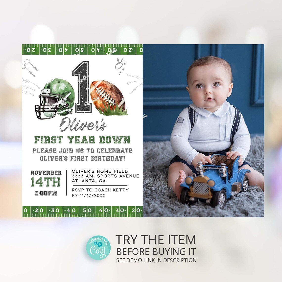 Editable 1st Birthday Football Invitation, Football Birthday Photo ...