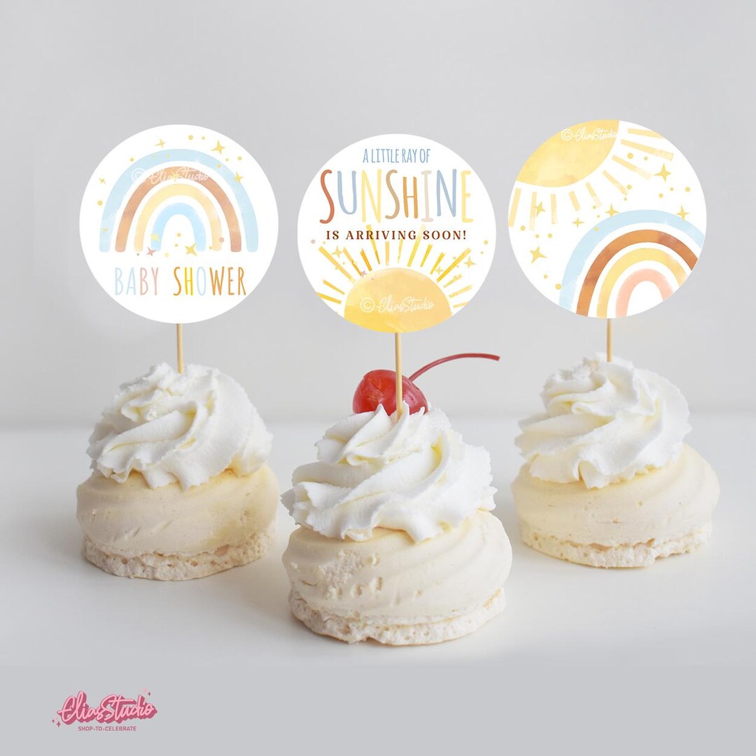Pastel Rainbow Baby Shower Cupcake Toppers, Sunshine Baby Shower ...