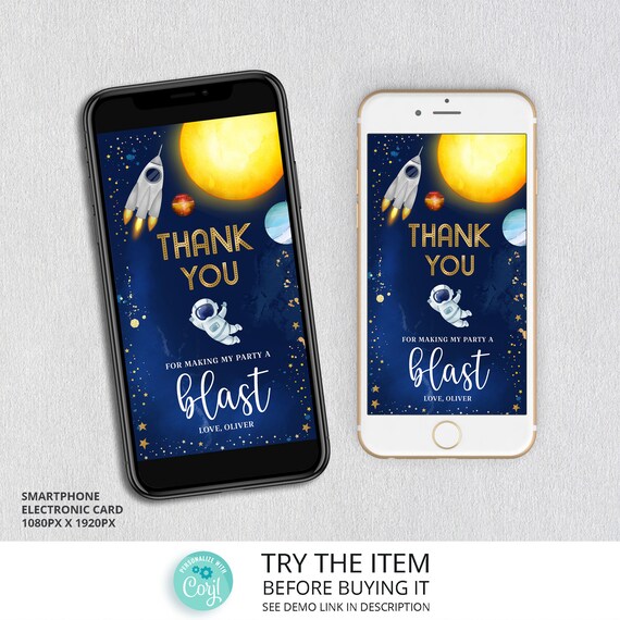 Smartphone Thank You Card Template Space Party Out of This | Etsy