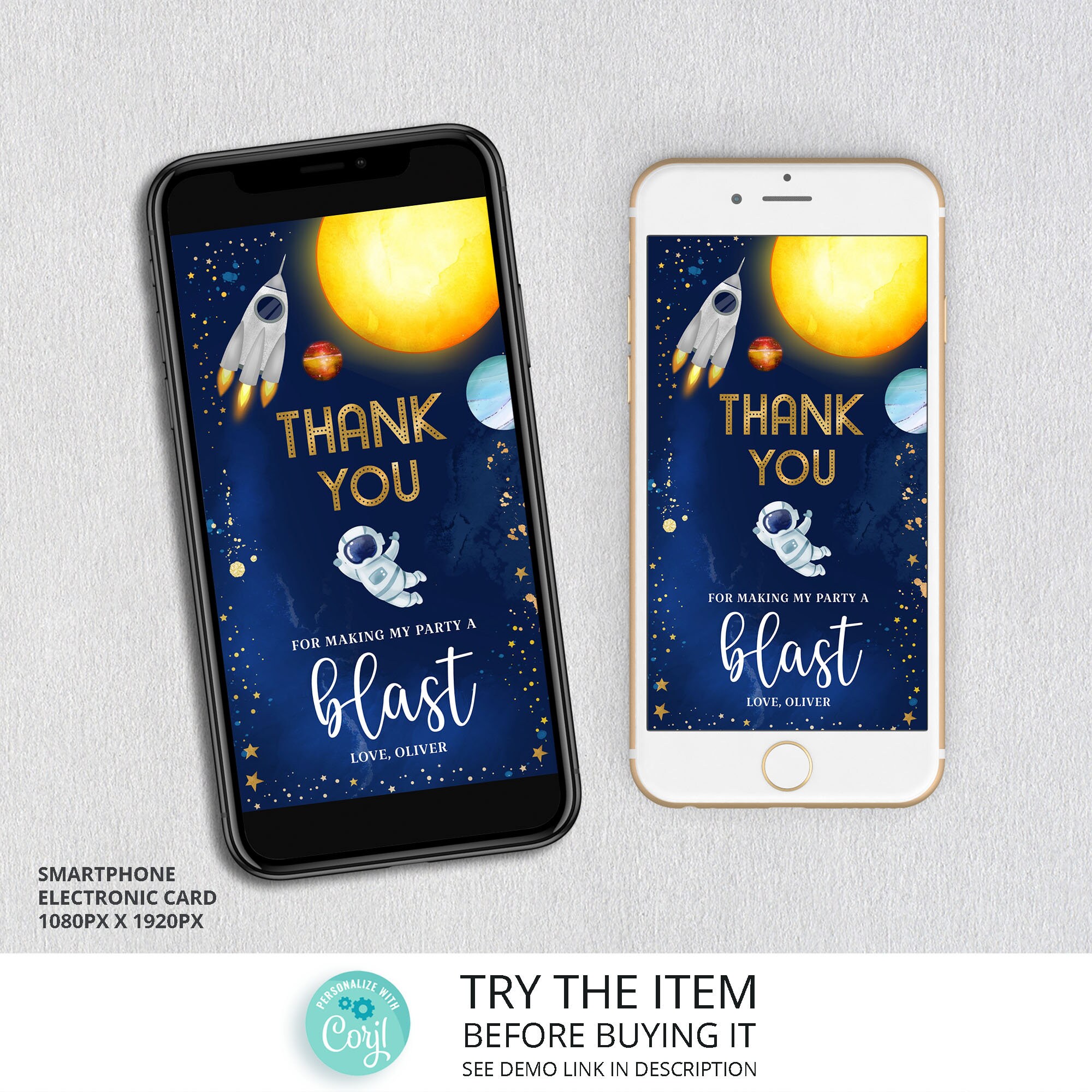 Smartphone Thank You Card Template Space Party Out of This | Etsy