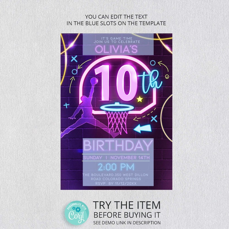 Neon Basketball Invitation Basketball Invite Basketball Party - Etsy