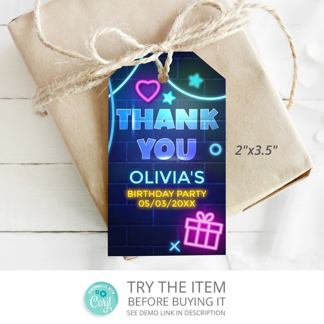 Neon Birthday Thank You Tag Template: Glow Party Favor (digital ...