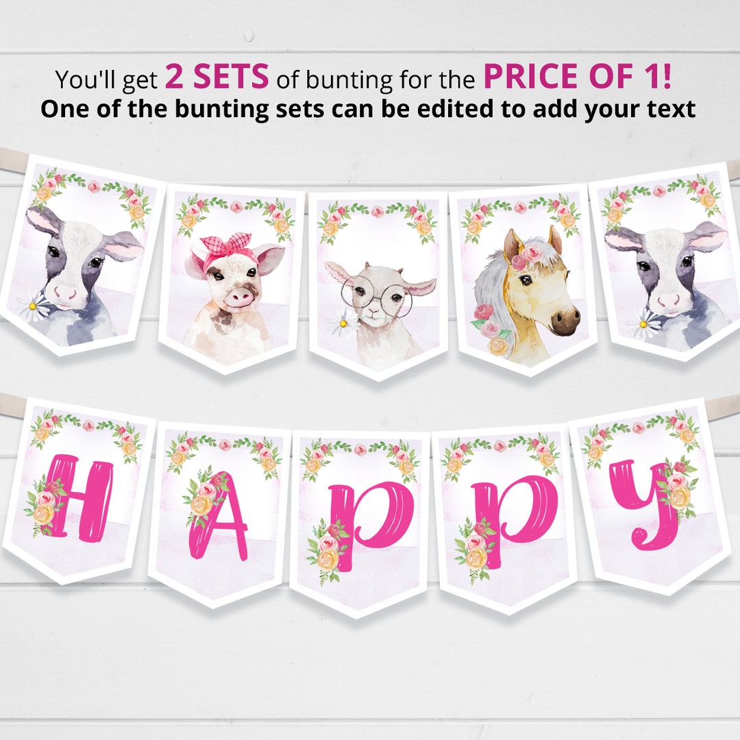 Pink Farm Birthday Decorations Banner, Farm Decorations Bunting Banner ...