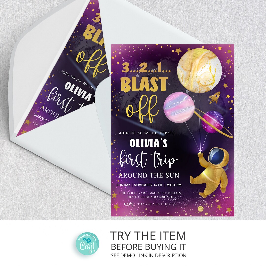 Editable Space Birthday Invitation First Trip Around the Sun | Space ...