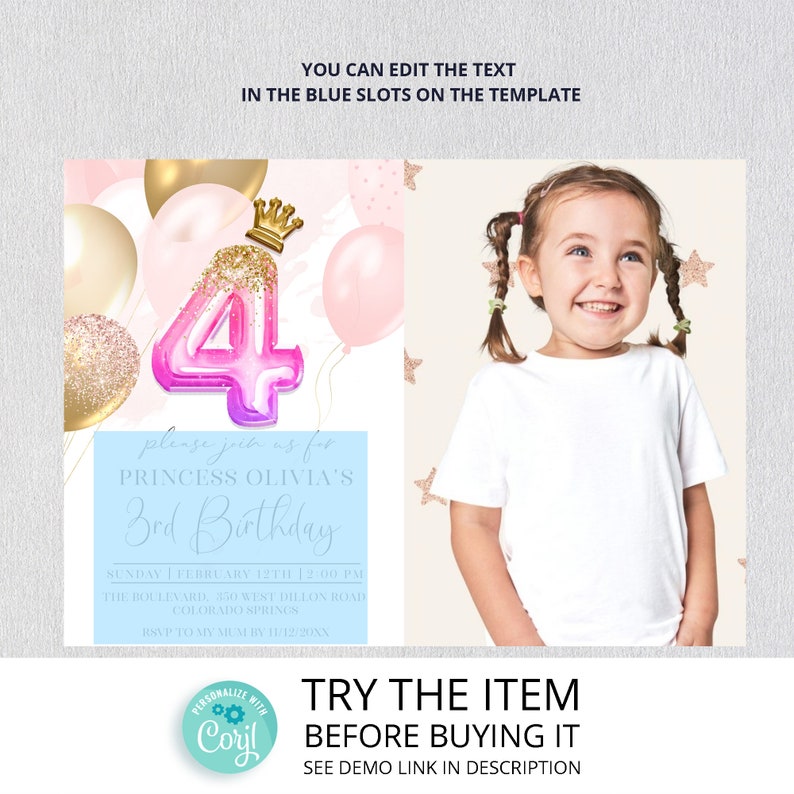 Editable Princess Birthday Party Invitation Template With - Etsy