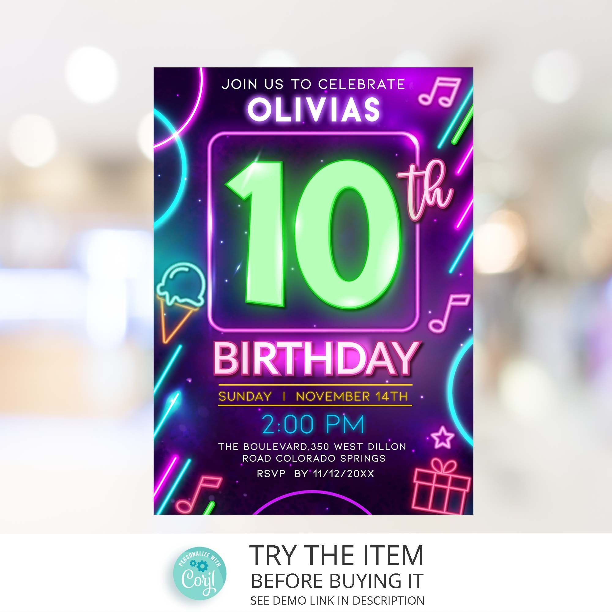 Neon Birthday Invitation Template Girl 10th Birthday Neon Glow Party ...