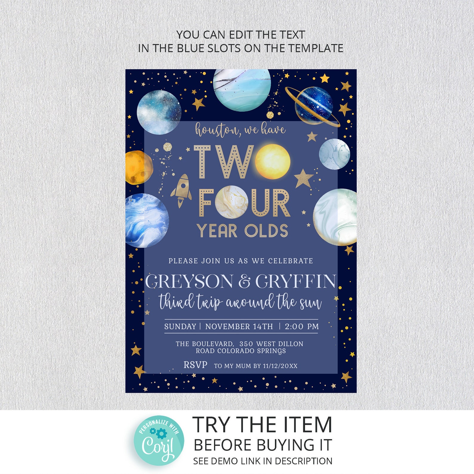 Editable Space Themed Twins Birthday Invitation First Trip - Etsy