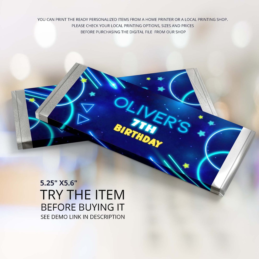 Neon Birthday Decorations Editable Chocolate Bar Wrapper • Candy Bar ...
