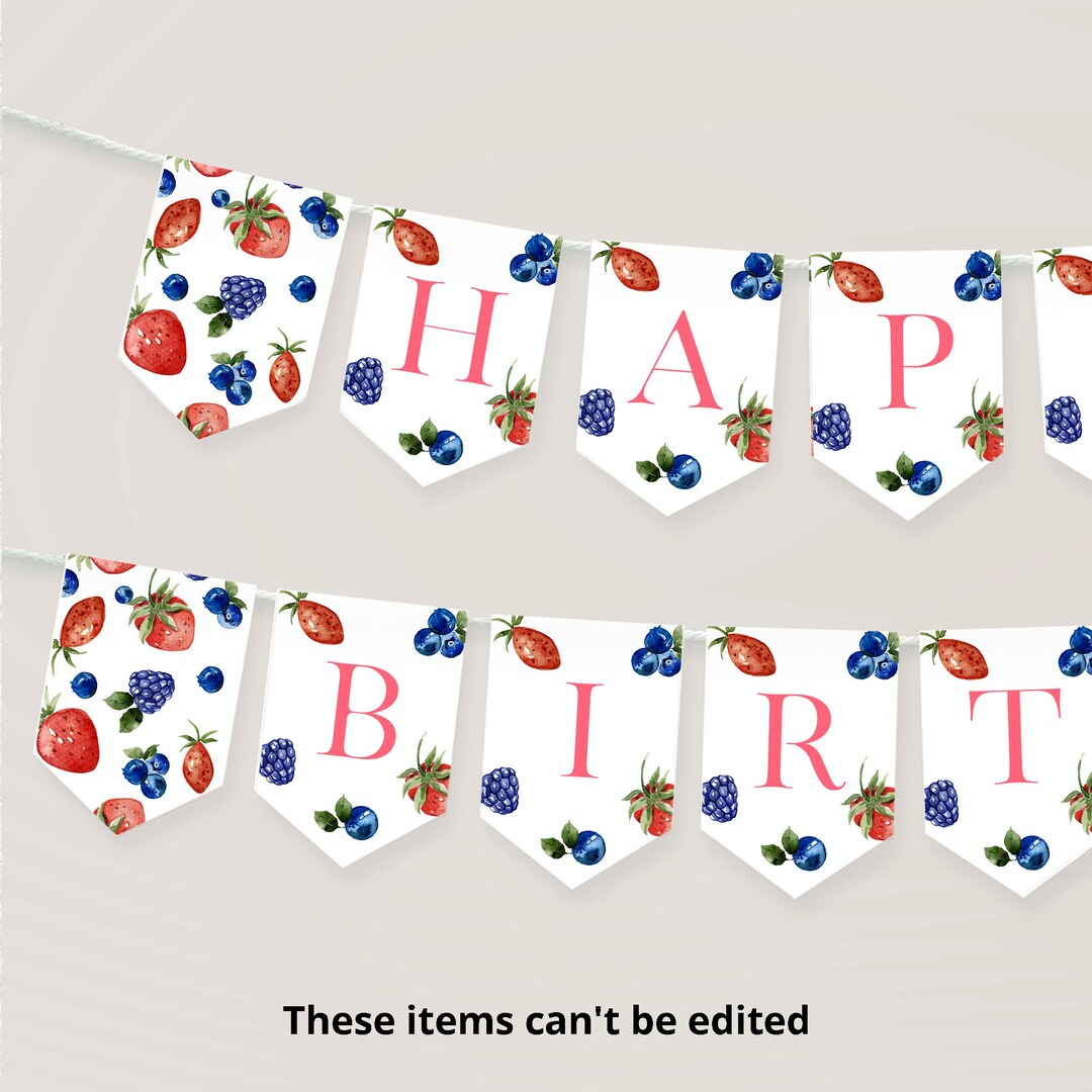 Berry First Birthday Banner: Strawberry Blueberry Party Decor (digital ...