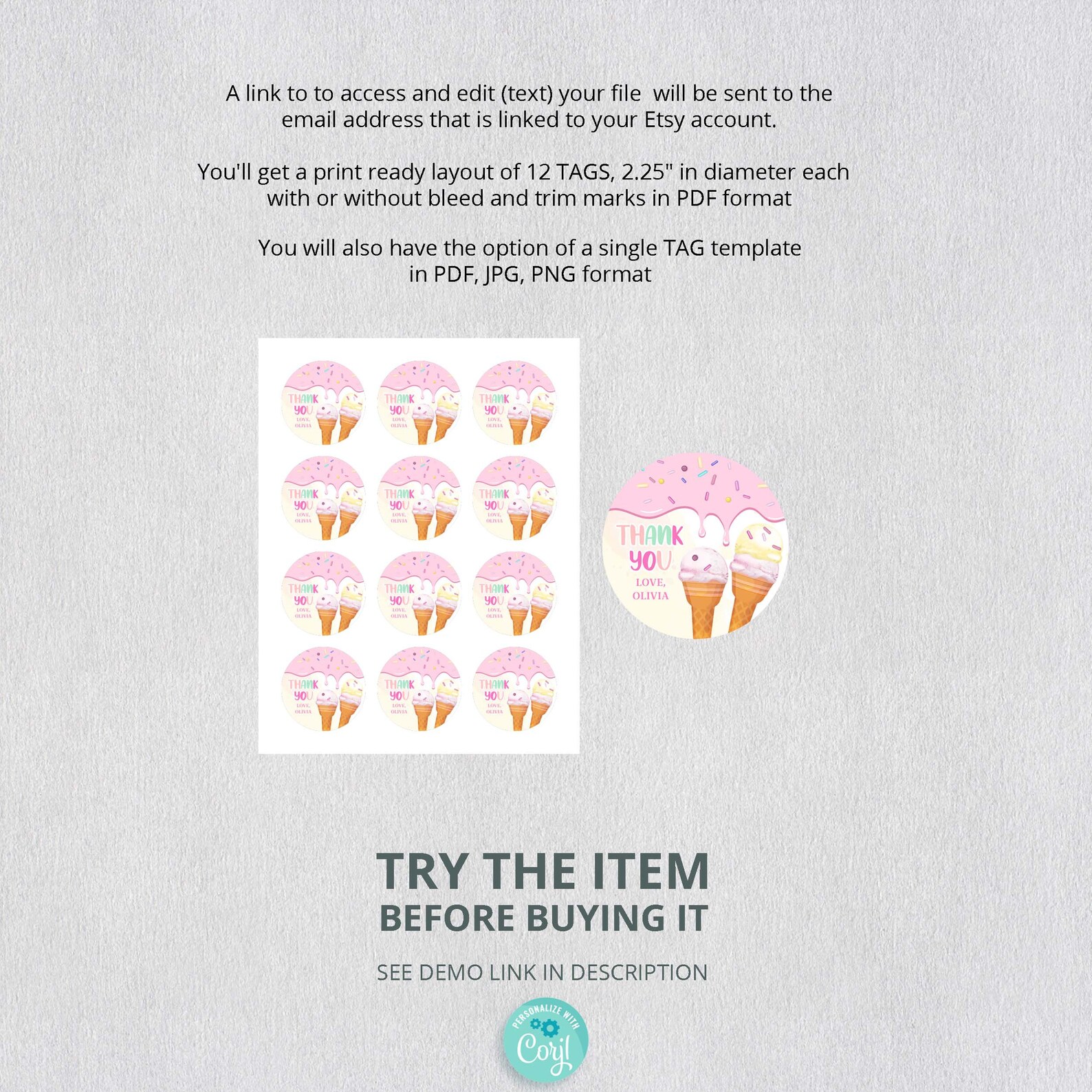 Editable Round Gift Tag Template Ice Cream Birthday Candy Thank You ...