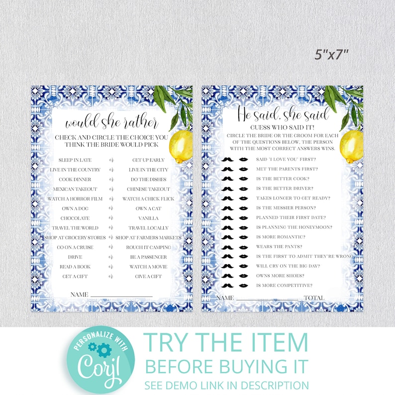 Lemon Theme Bridal Shower Game Bundle, Positano Blue Tile Lemon, Citrus ...