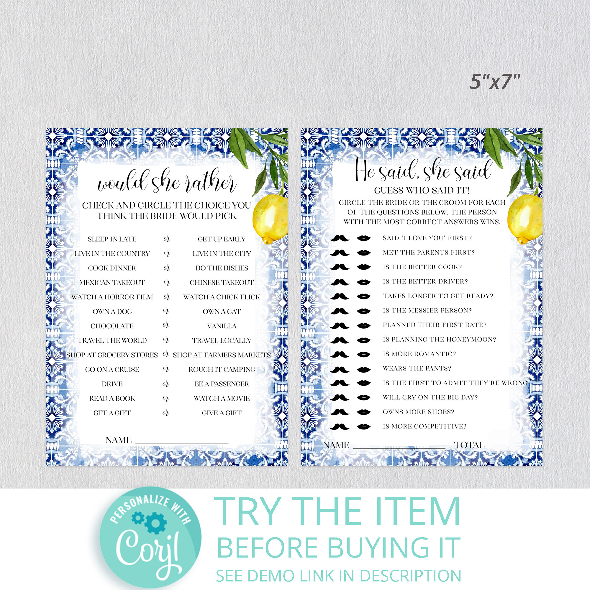 Lemon Theme Bridal Shower Game Bundle Positano Blue Tile - Etsy Canada