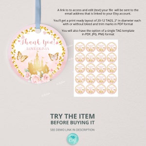 Editable Little Princess Birthday Party Favor Tags, Pink Gold Castle ...