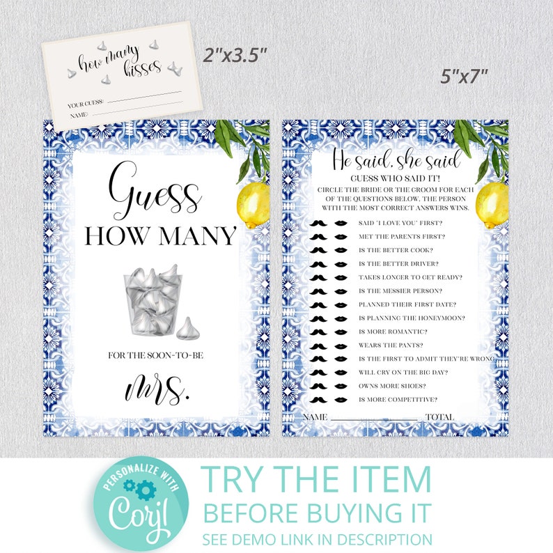 Lemon Theme Bridal Shower Game Bundle, Positano Blue Tile Lemon, Citrus ...