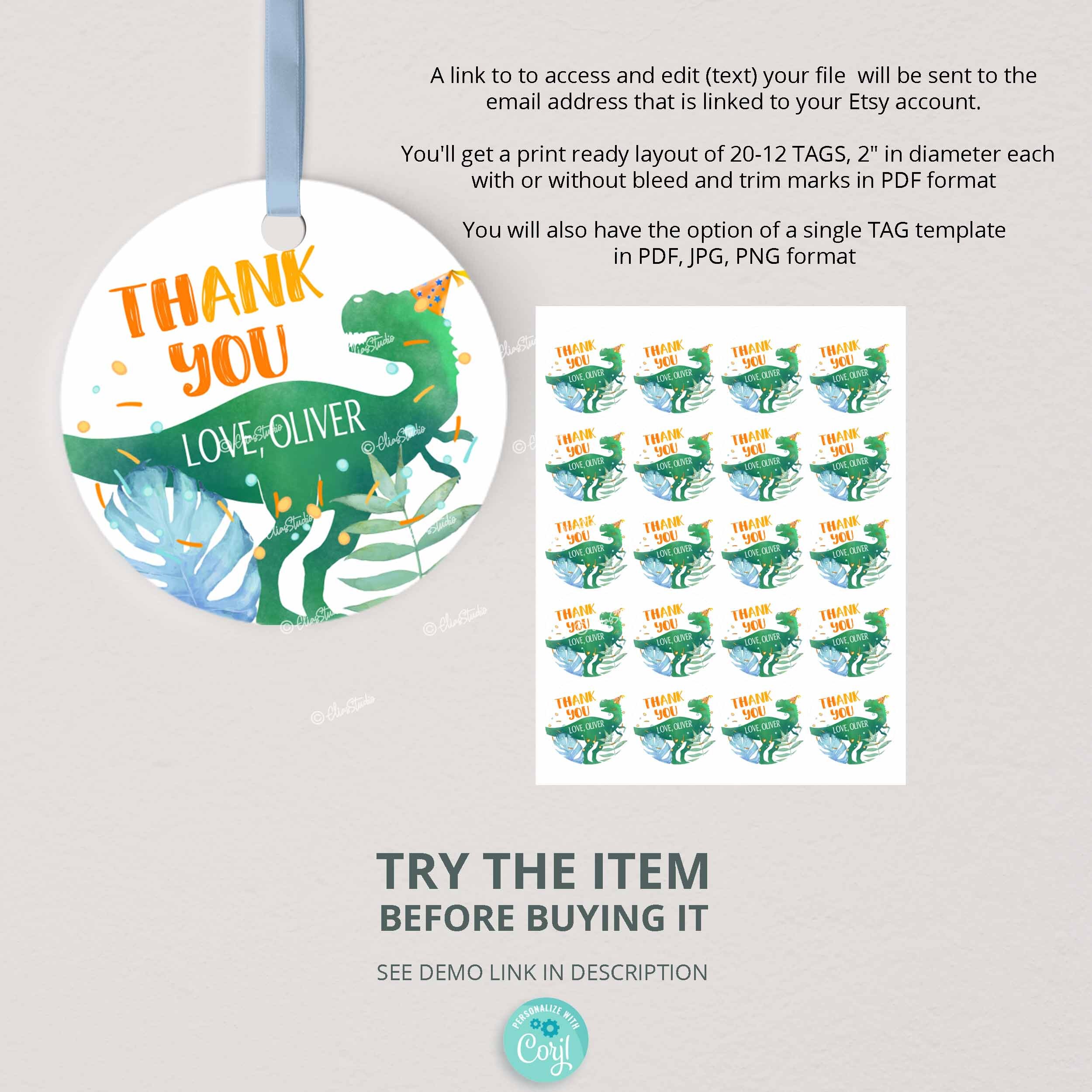 Editable T-rex Dinosaur Birthday Favors Tags, Dino Birthday Boy Thank ...
