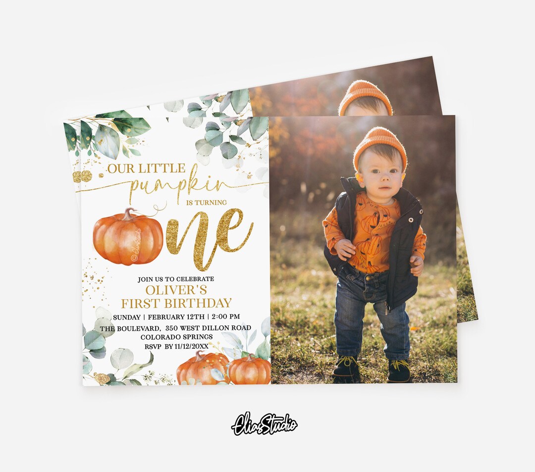 Our Little Pumpkin is Turning ONE, Photo Invitation, Pumpkin 1st ...