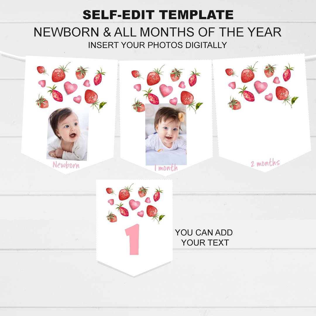 Editable Strawberry First Birthday Monthly Photo Banner, Berry ...