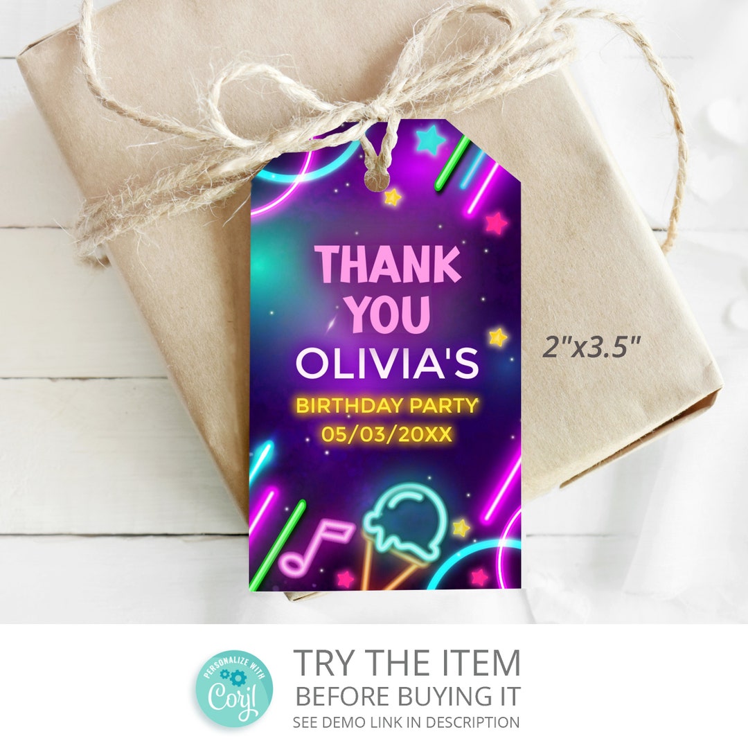 Neon Birthday Thank You Tag Template Let s Glow Crazy Etsy