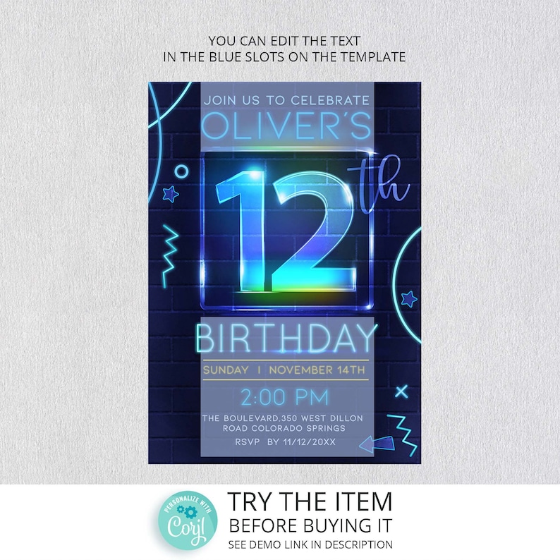 Neon Birthday Invitation Template Boy 12th Birthday Neon Glow Party ...