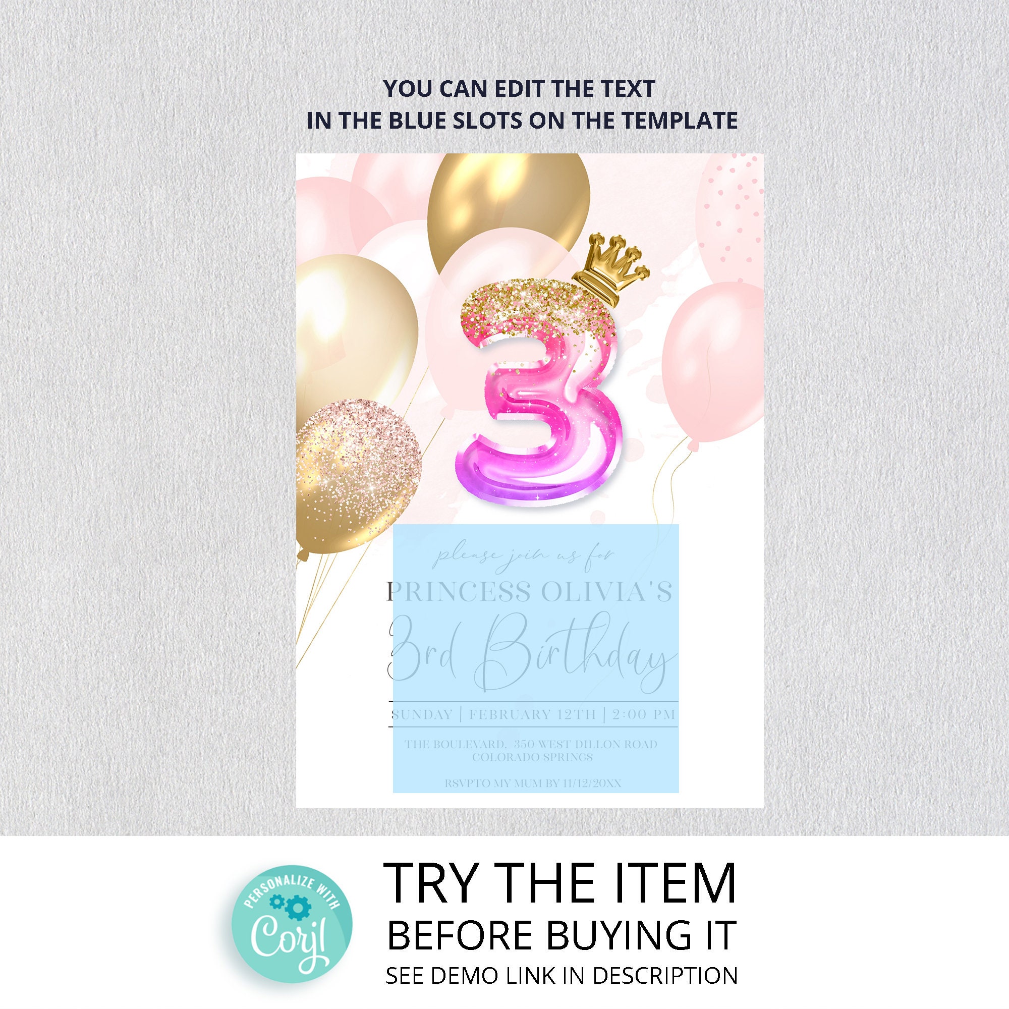 Editable Princess 3rd Birthday Girl Invitation Template | Little ...