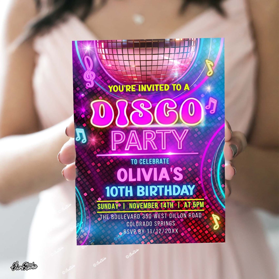 Disco Birthday Party Invitation Template, Disco Ball Invitation, Neon ...