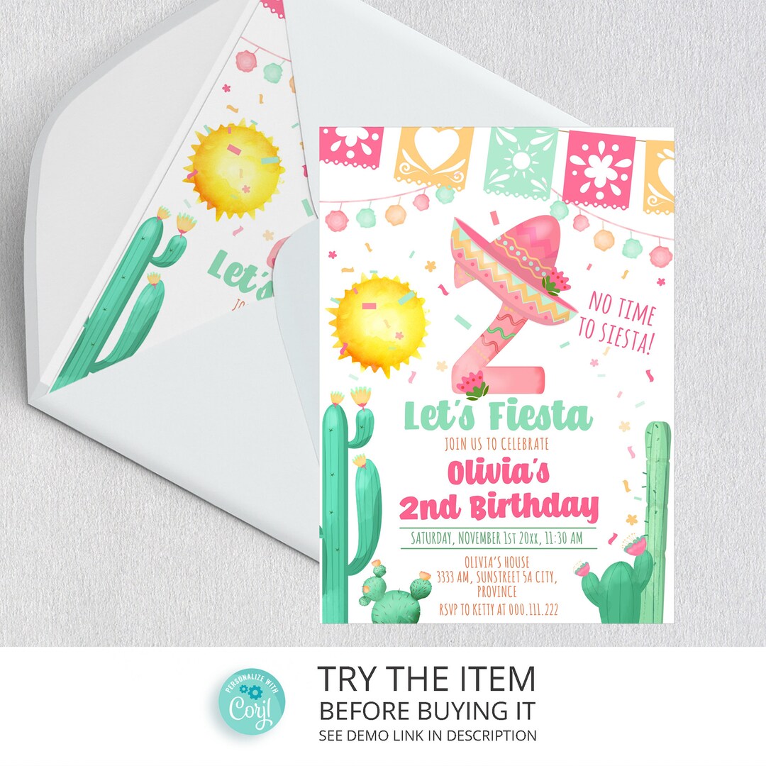 Editable Fiesta Birthday Invitation Template | 2nd Birthday Fiesta Girl ...