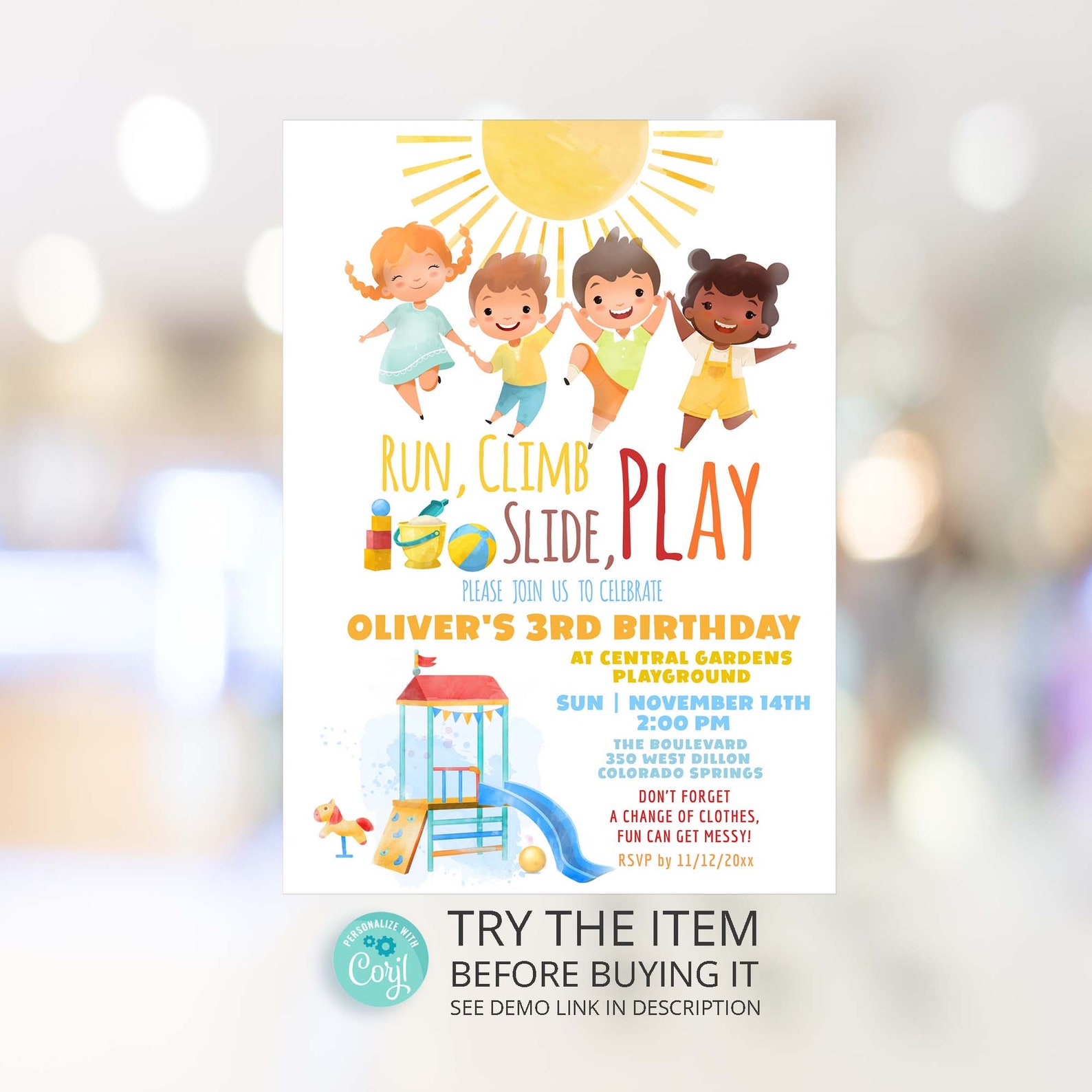 Editable Park Invitation Playground Backyard Party Invitation, Park ...