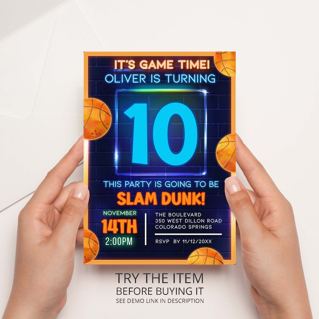 Neon Basketball Invitation Template for All Ages Birthday Sports Party ...