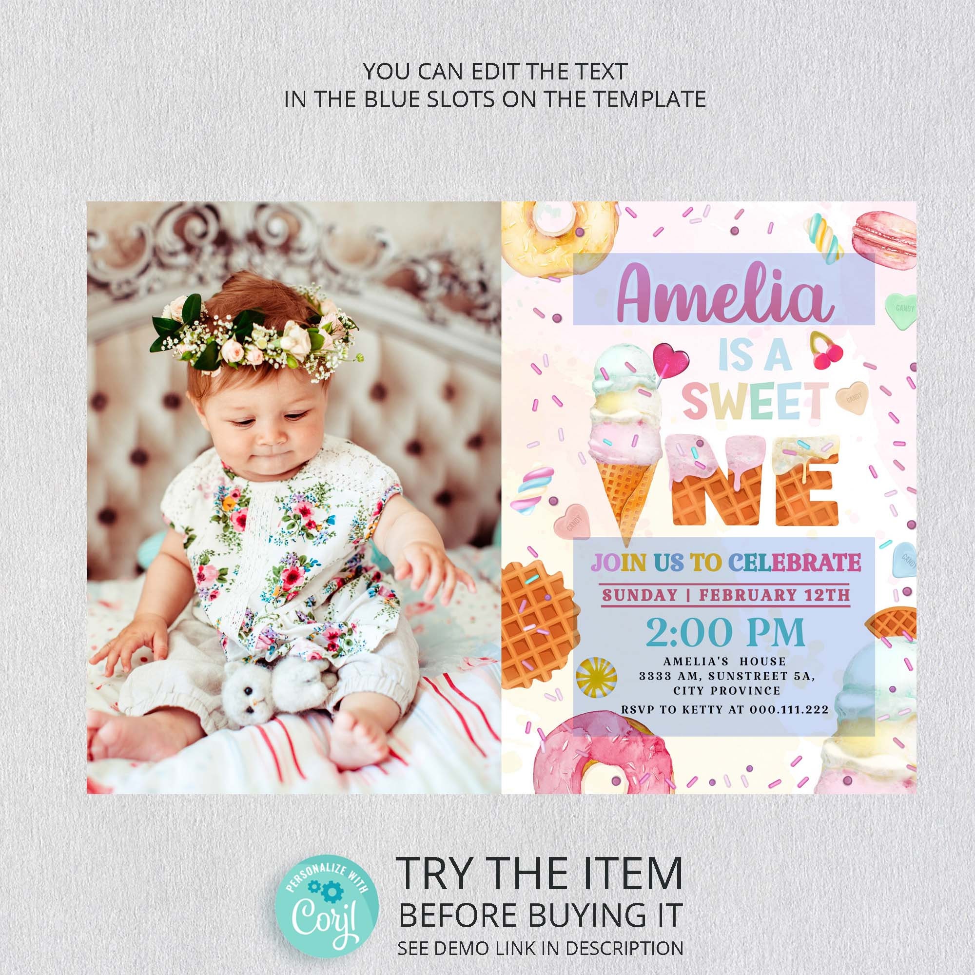 Sweet One Birthday Invitation With Photo Ice Cream Party - Etsy