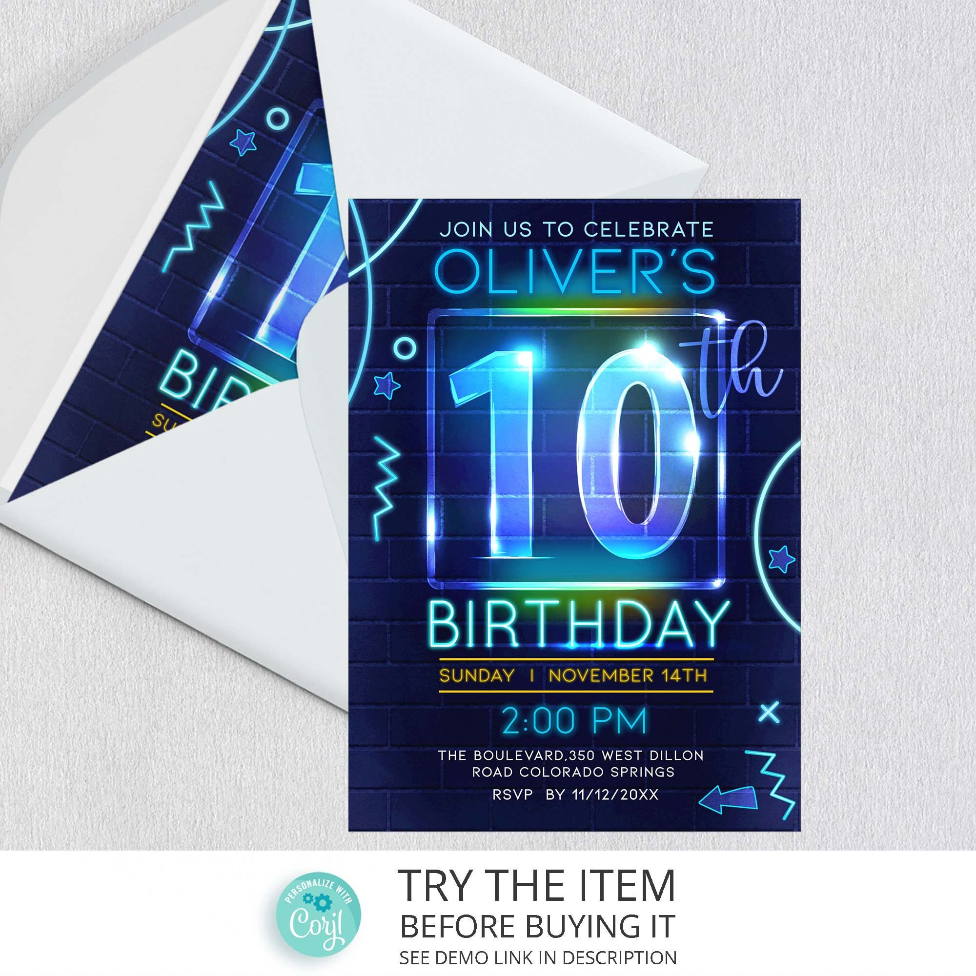 Neon Birthday Invitation Template Boy 10th Birthday Neon Glow Party ...