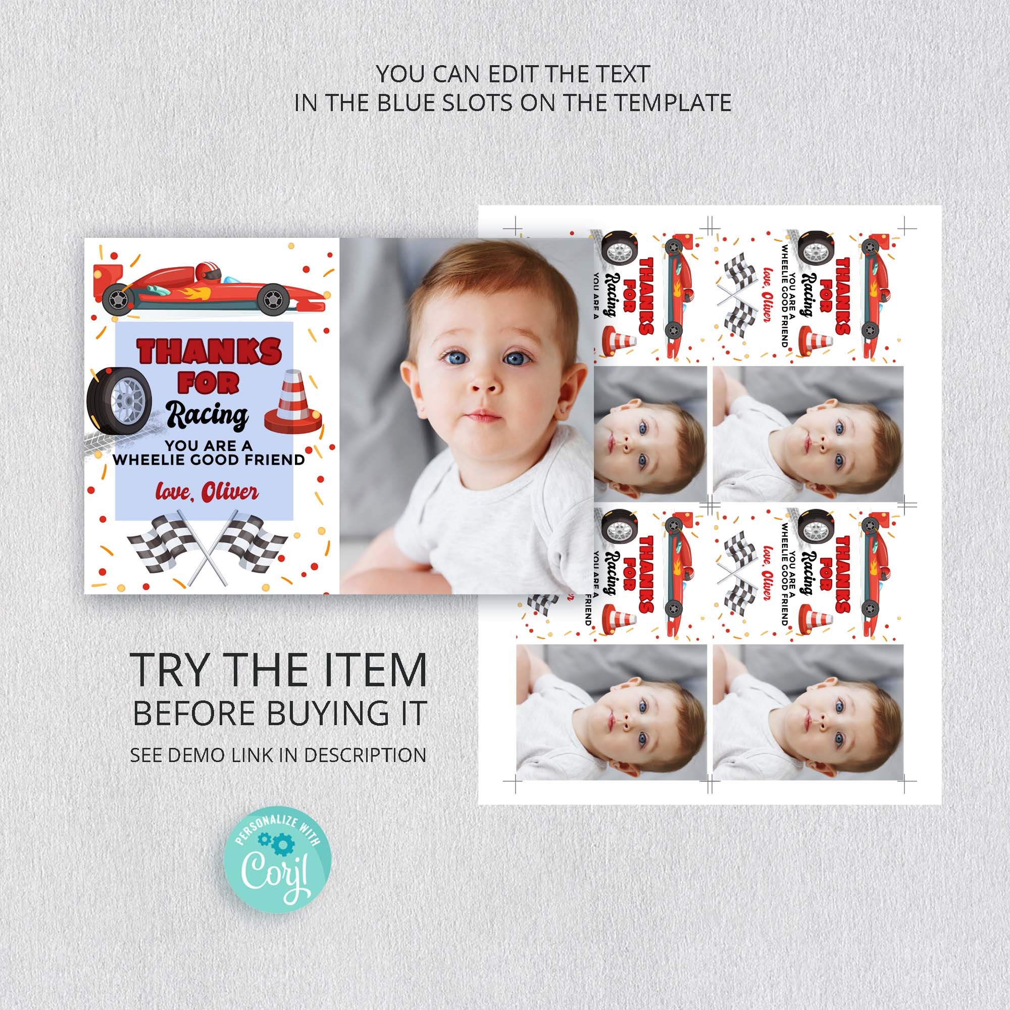 Two Fast Birthday Thank You Card Template With Photo, Fast One Birthday ...