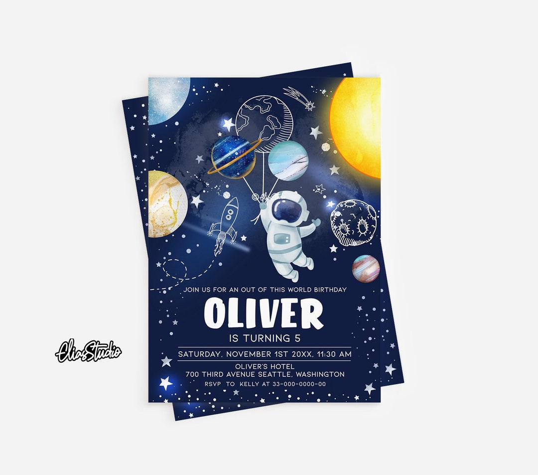 Plantilla de invitación de cumpleaños espacial, viaje alrededor del sol ...