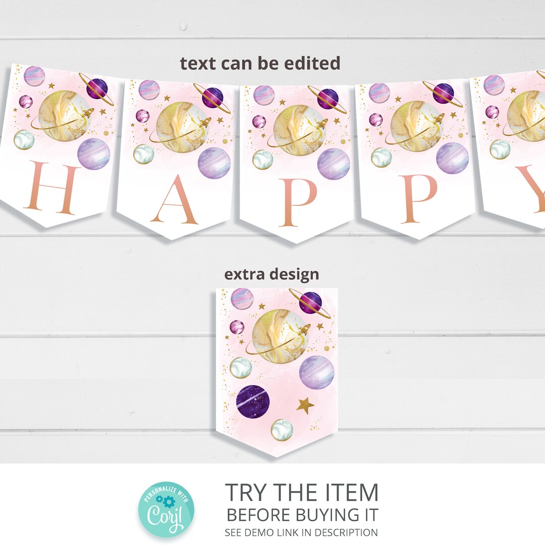 Editable Outer Space Birthday Banner, Pink Gold Galaxy First Birthday ...