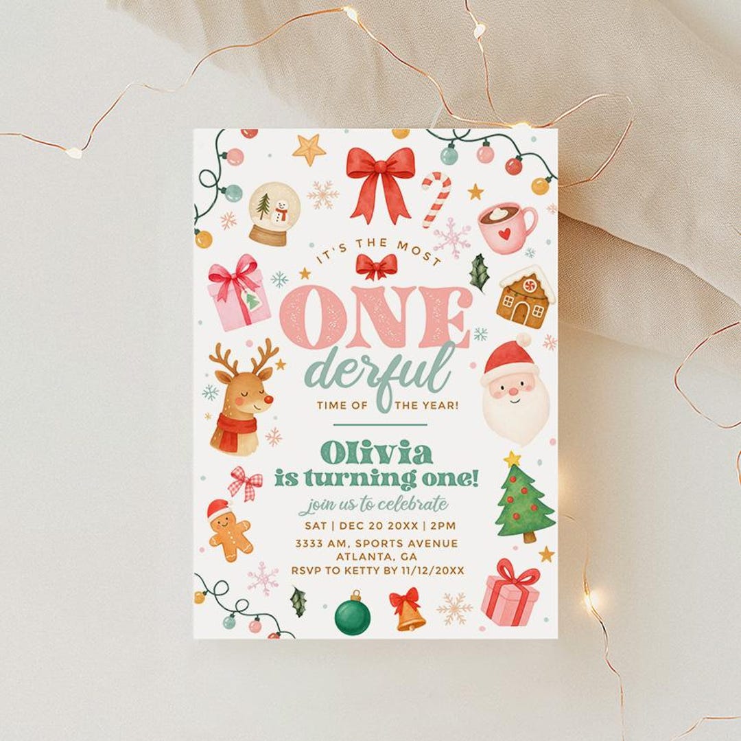 Christmas First Birthday Invitation Template, Most Onederful Time of ...