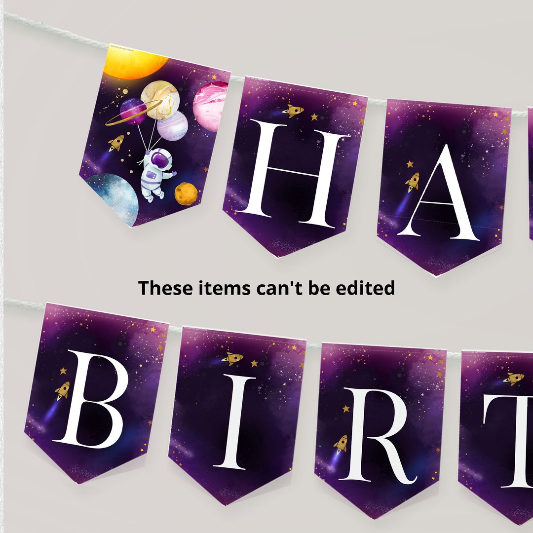 Purple Pink Outer Space Happy Birthday Banner, Galaxy Birthday Party ...