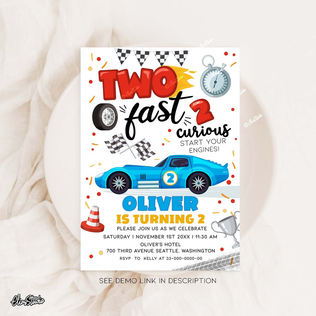 Two Fast Two Curious Birthday Invitation, Two Fast Birthday, Race Car ...