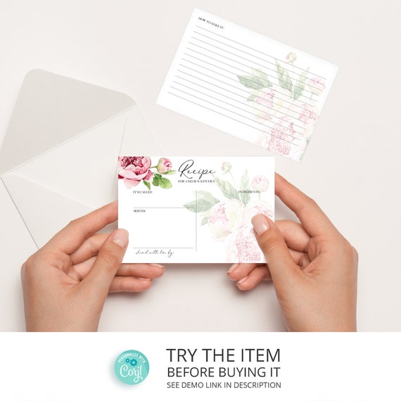 Editable Floral Recipe Card Template Peony 4 X 6 Recipe Card | Etsy
