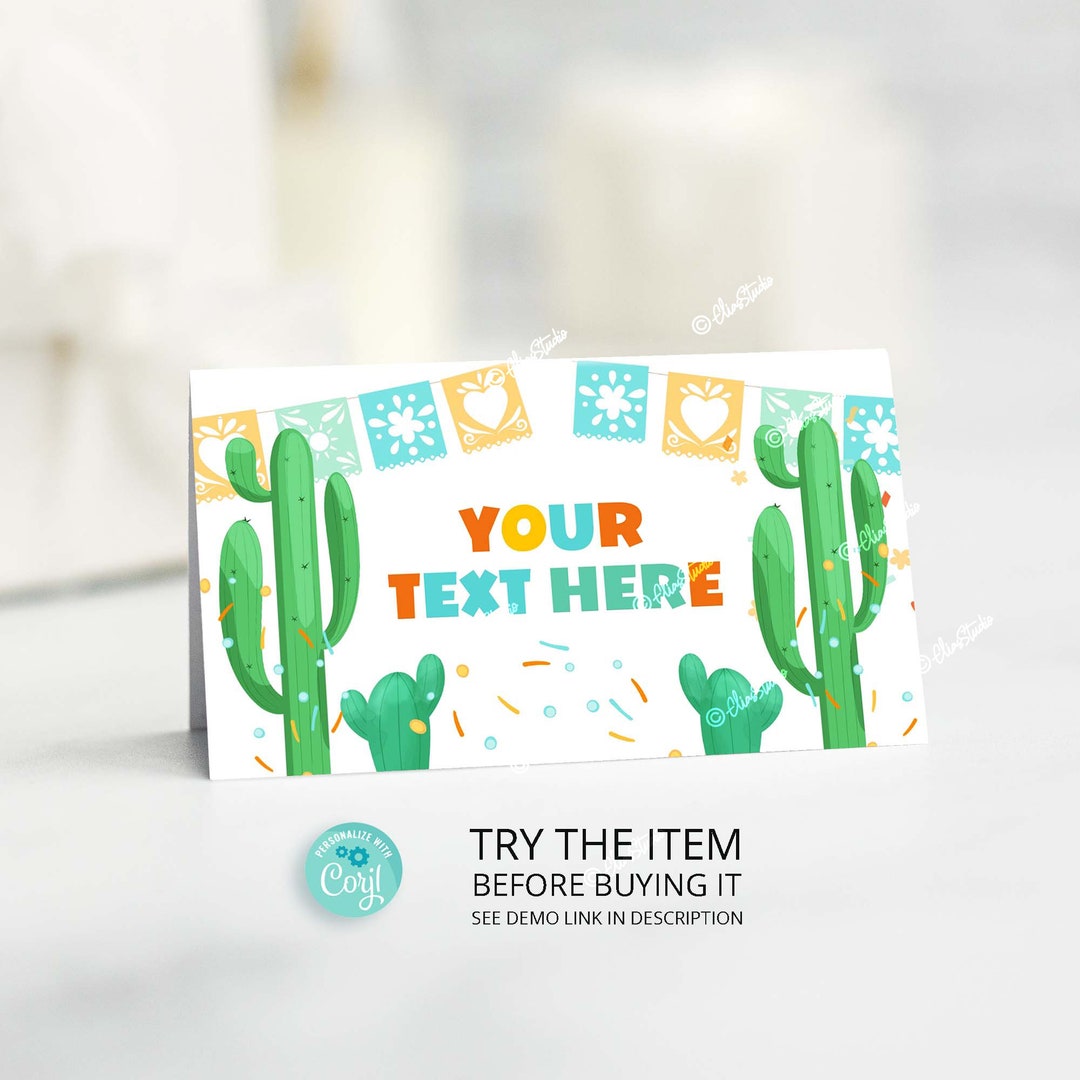 Editable Fiesta Food Labels Fiesta Party Place Card, Cactus Folded Card ...