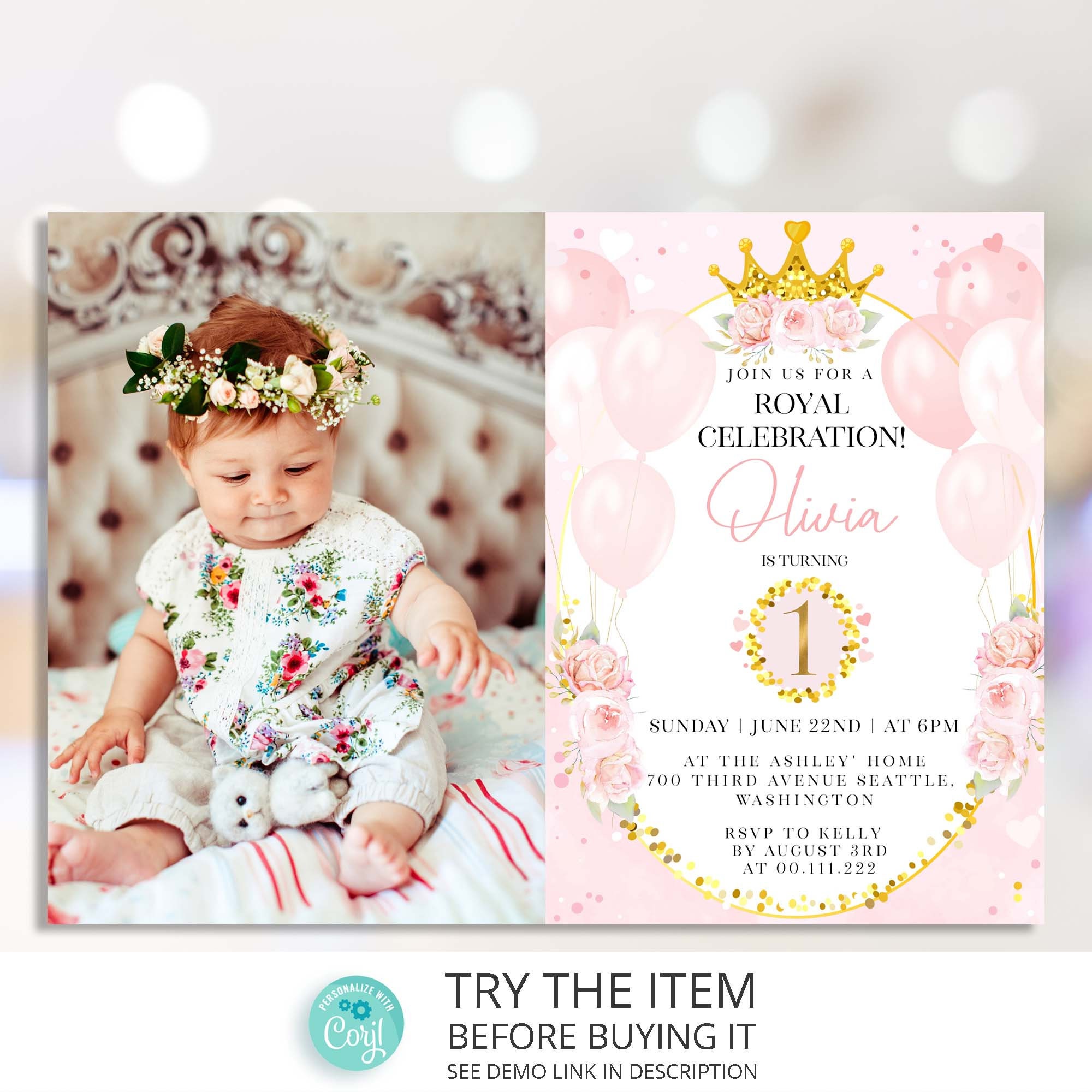 1st Birthday Invitation Princess Theme