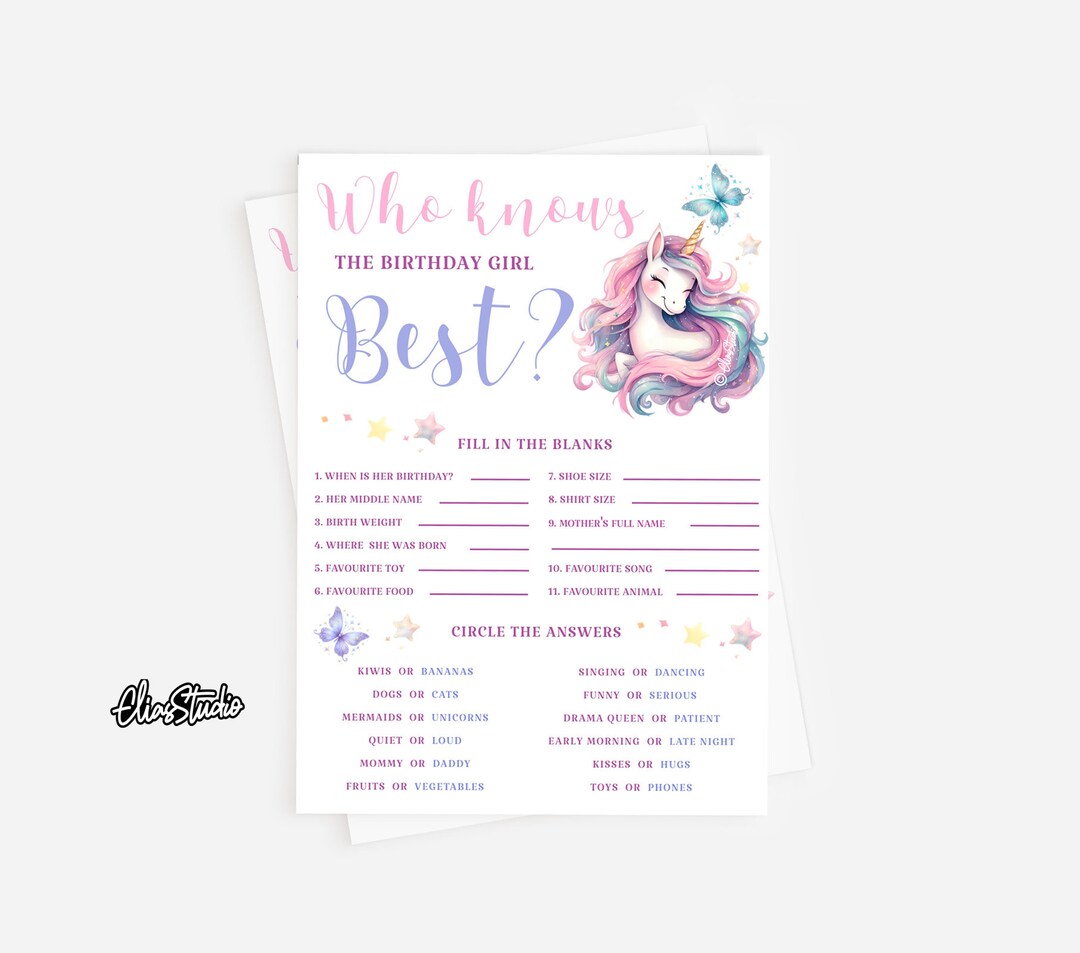 Patel Unicorn Birthday Party Games, Who Knows the Birthday Girl ...