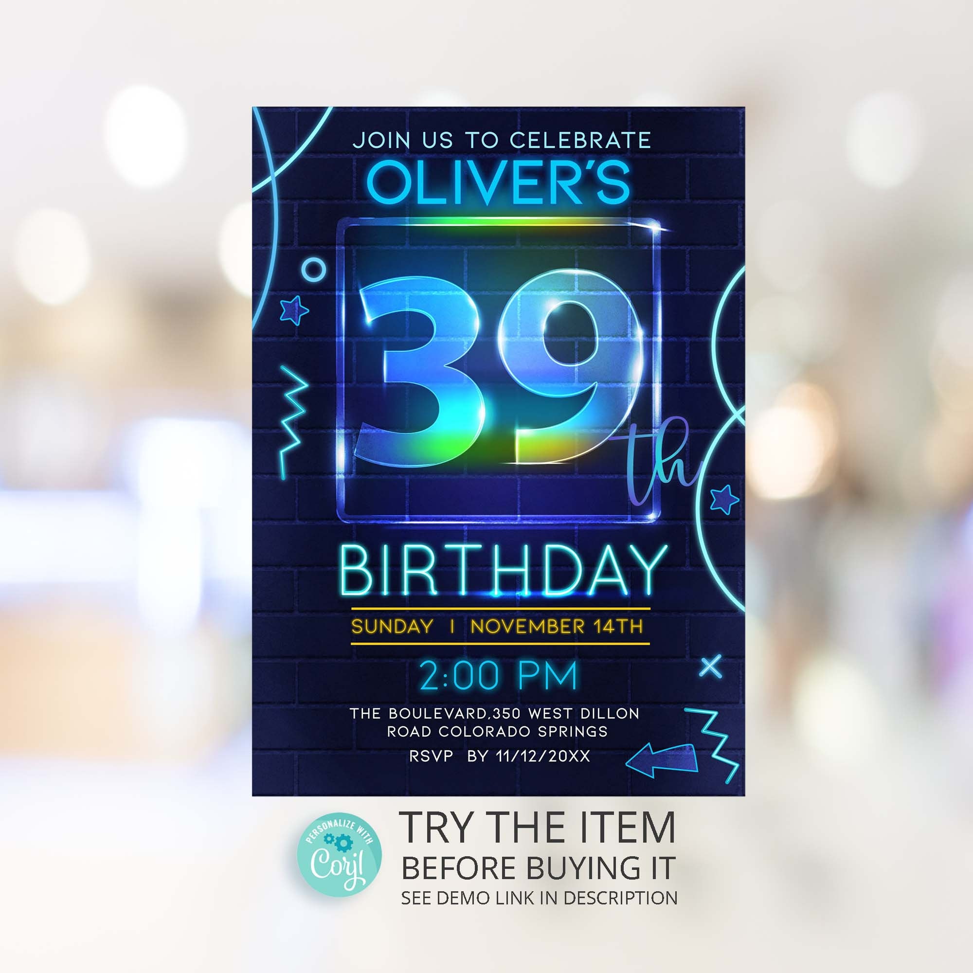 39th Birthday Invitation for Men Neon Birthday Invitation - Etsy