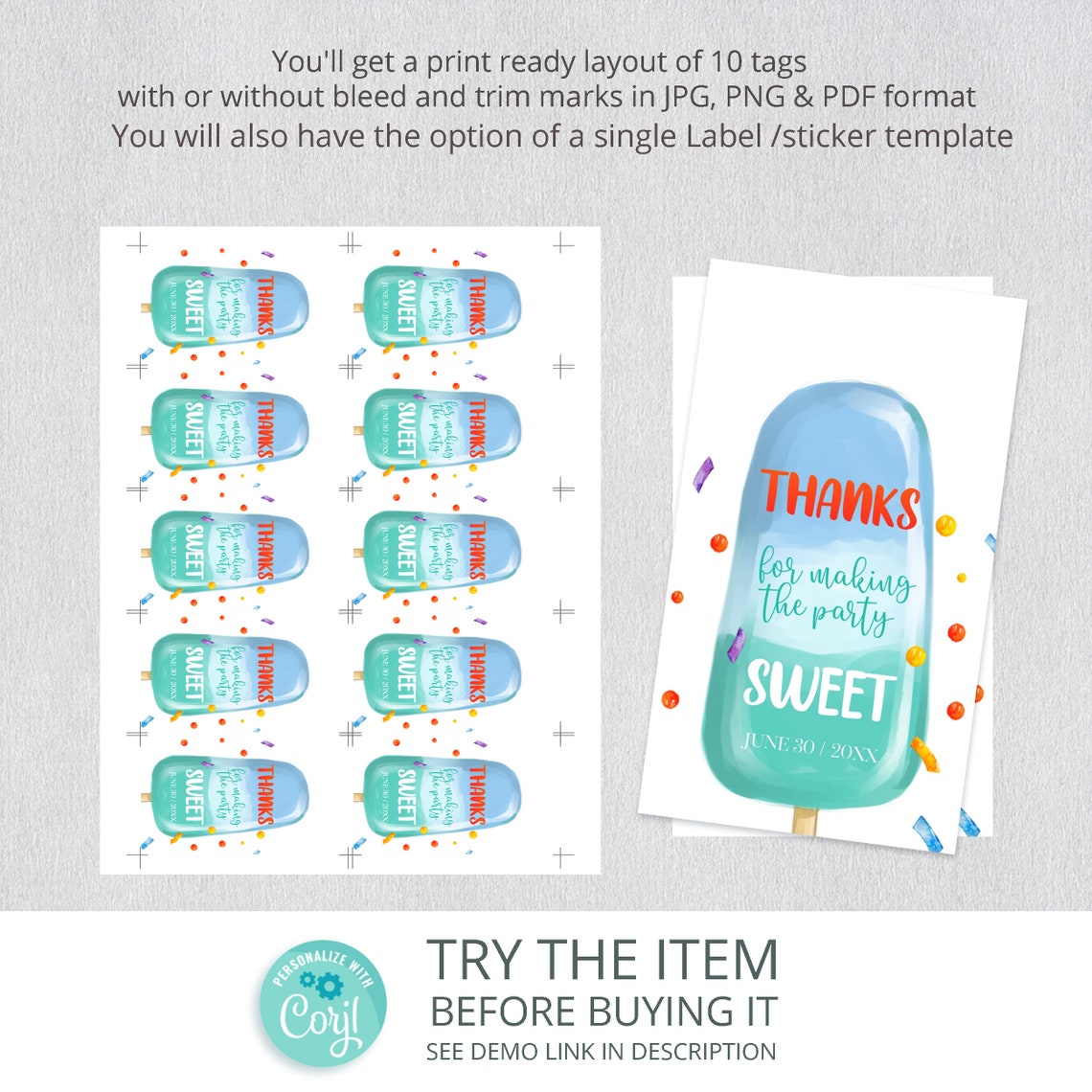 Popsicle Birthday Editable Thank You Tag Favor Tags Pop on - Etsy