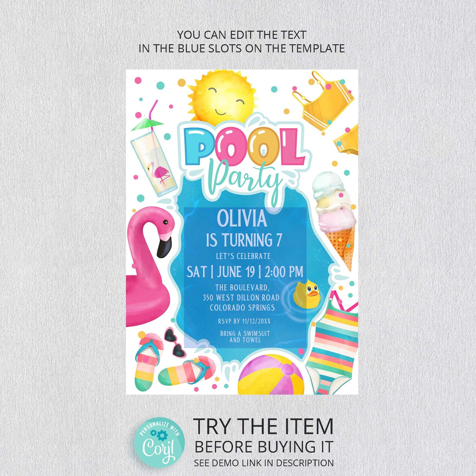 Kids Pool Party Invitation Instant Download | Girl Pool Party Birthday ...