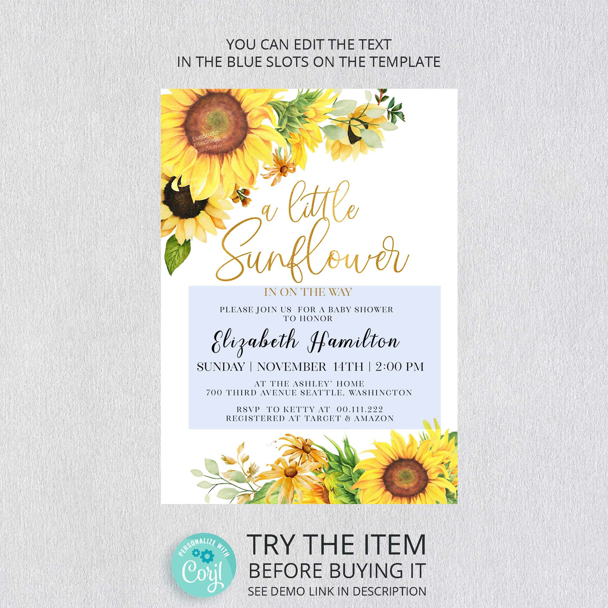 Editable Sunflower Baby Shower Invitation Template Girl - Etsy